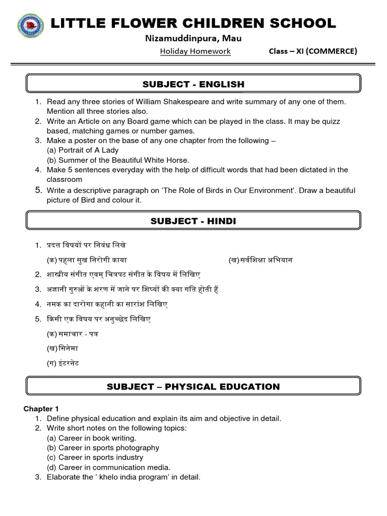 Class XI Commerce Holiday Homework | PDF | Olympic Games | Sports