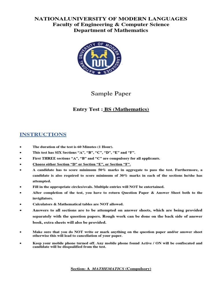 1637570237Sample Paper BS Maths Updated | PDF | Mathematics