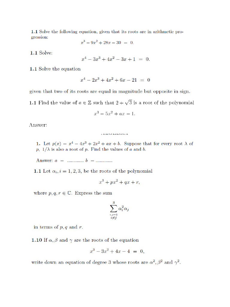 Theory of Equations Problem Sheet | PDF