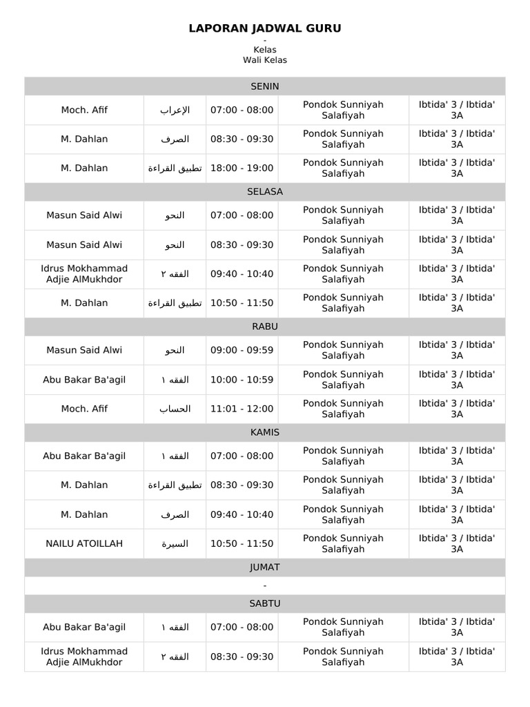 Jadwal Pelajaran Ibtida' 3A 2024-2025 1716570097938251 | PDF