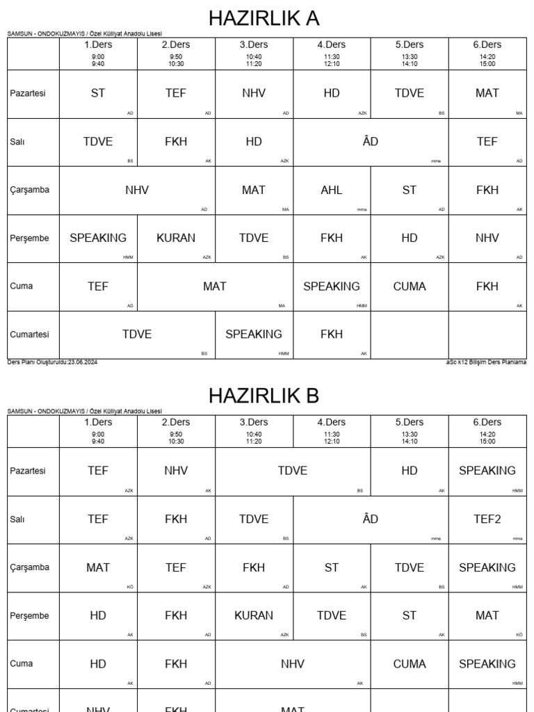 24 Haz. Siniflar Yaz Prog. | PDF