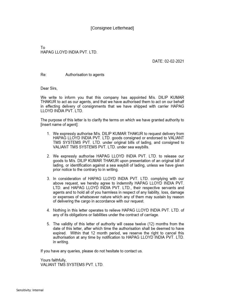 Hapag Authorization Letter - Consignee | PDF | Consignee | Bill Of Lading