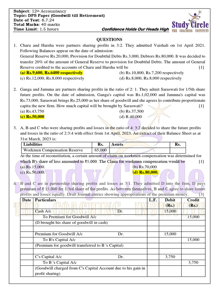 Answer Key of 12th DPS (6.7.24) | PDF | Debits And Credits | Balance Sheet