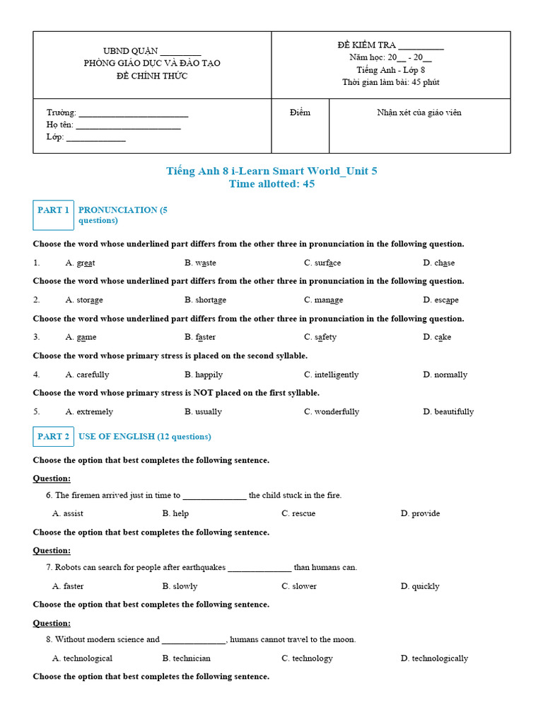 Tiếng Anh 8 i-Learn Smart World - Unit 5 Time allotted: 45: Part 1 Pronunciation (5 questions ...
