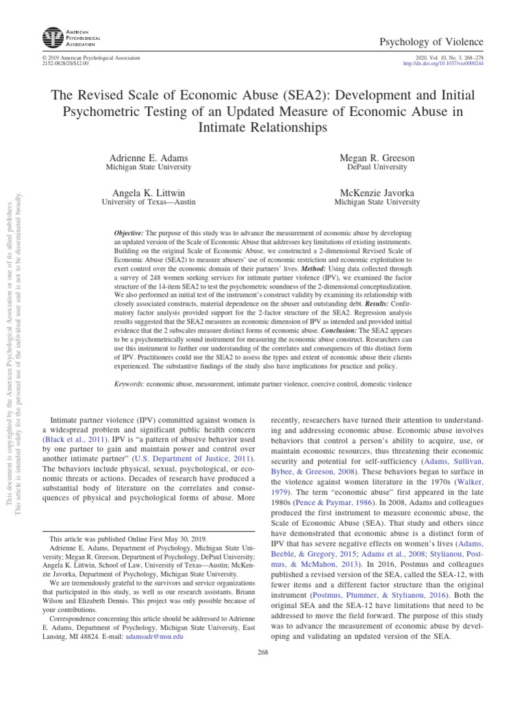 The Revised Scale of Economic Abuse SEA2 Development and Initial ...