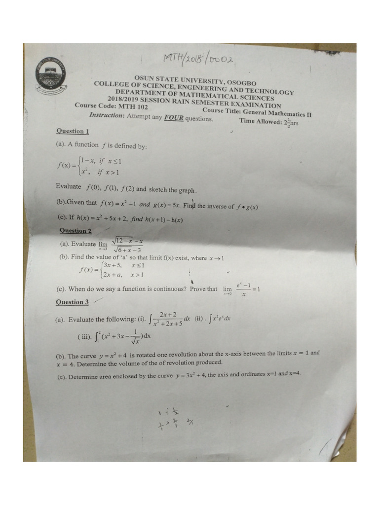 MTH 102 Rain Exam | PDF