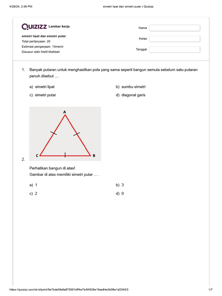 Quizizz - Simetri Lipat Dan Simetri Putar | PDF