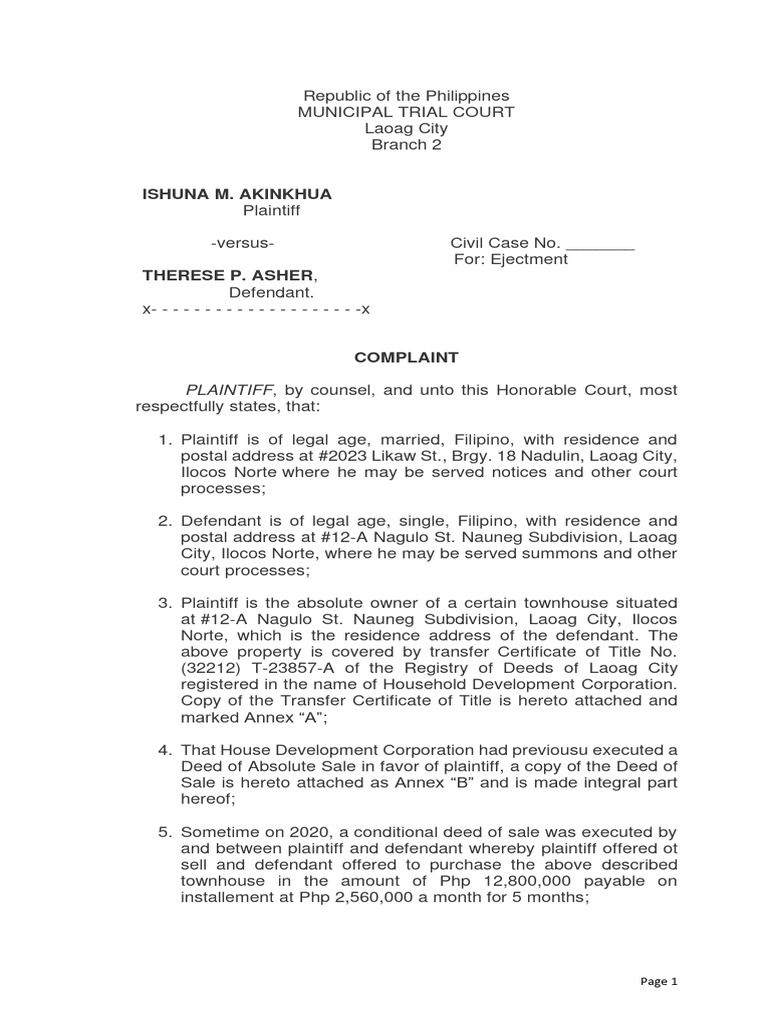 Complaint For Ejectment | PDF | Lawsuit | Complaint