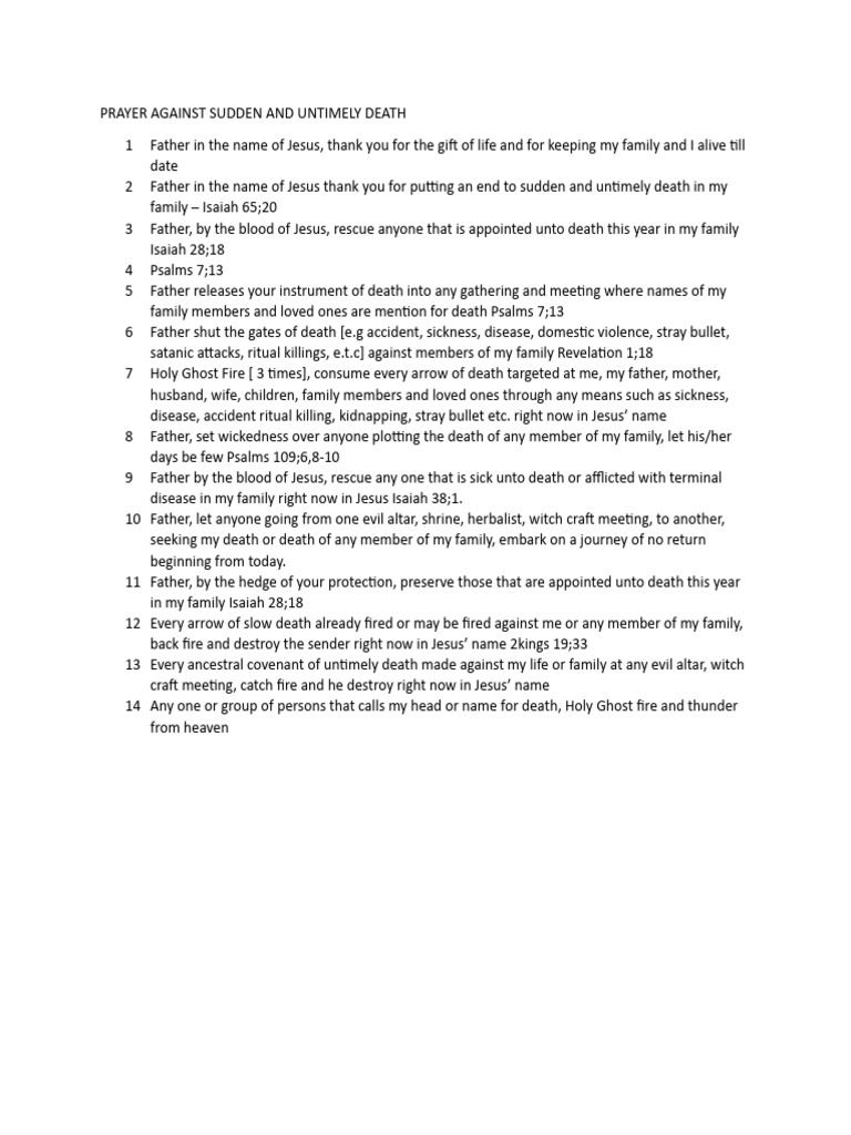 Prayer Against Sudden and Untimely Death | PDF | Religion & Spirituality
