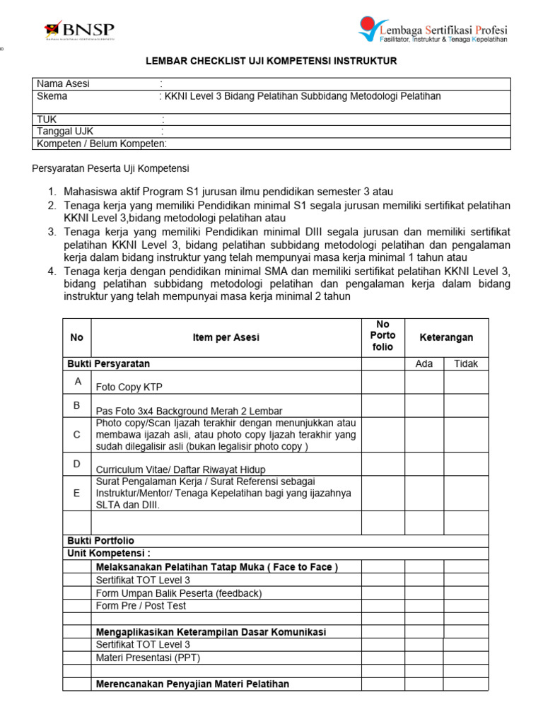 Lembar Checklist Uji Peserta Level 3 | PDF