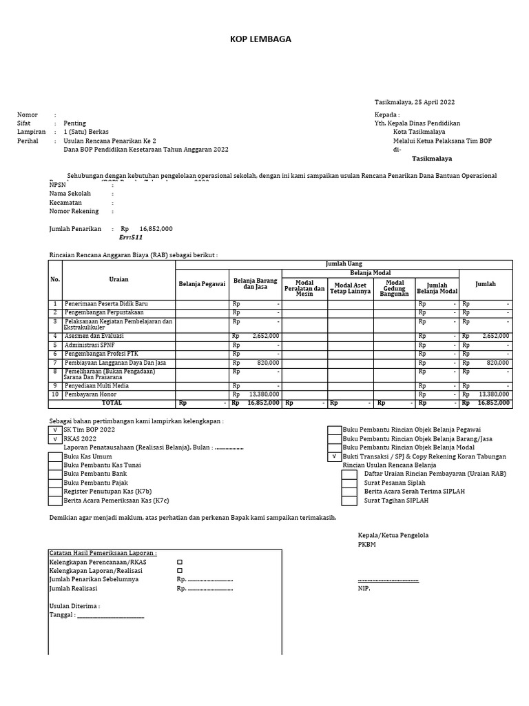 Usulan Rencana Penarikan BOP PKBM 2022 Contoh | PDF