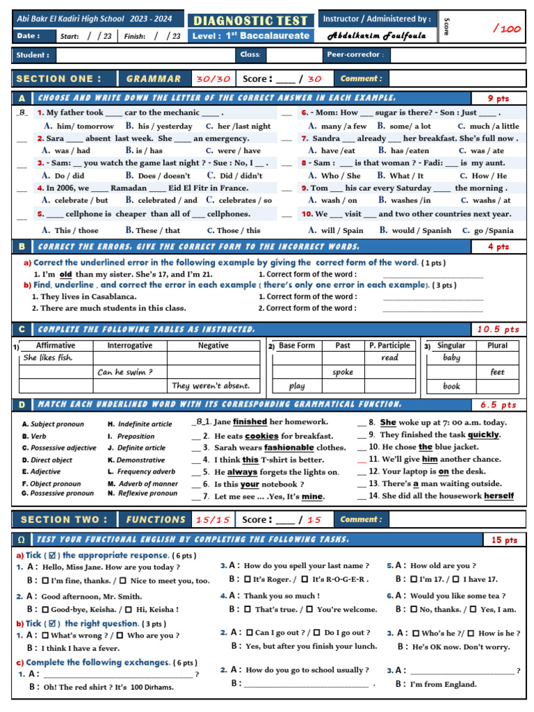 1st BAC DIAGNOSTIC TEST - 23 | PDF | Grammatical Number | Word