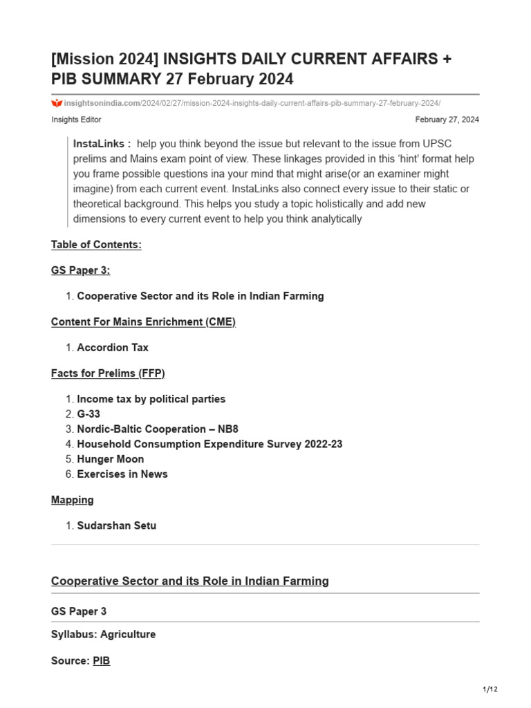 Mission 2024 Insights Daily Current Affairs Pib Summary 27 February ...