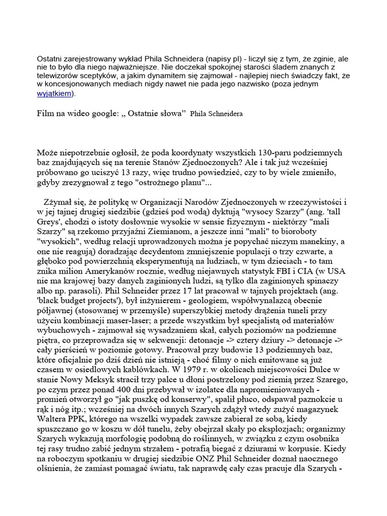 Phil Schneider Relacja o Bazach I UFO | PDF