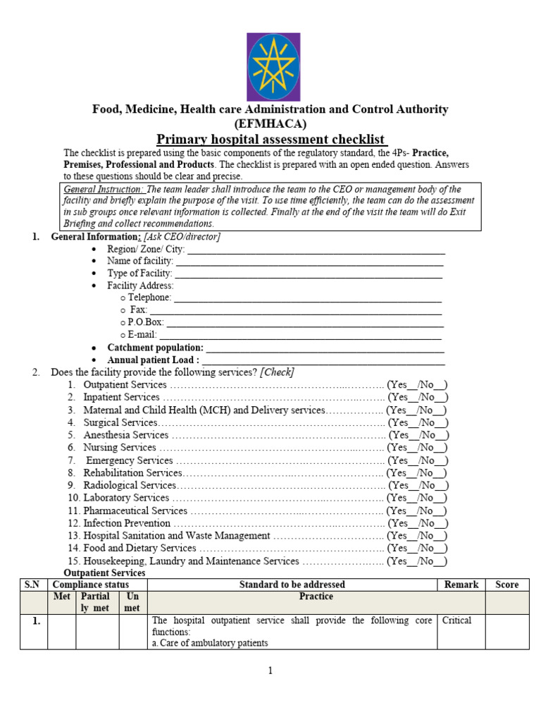 Primary Hospital Regulatory Assessment Checklist | PDF | Surgery ...