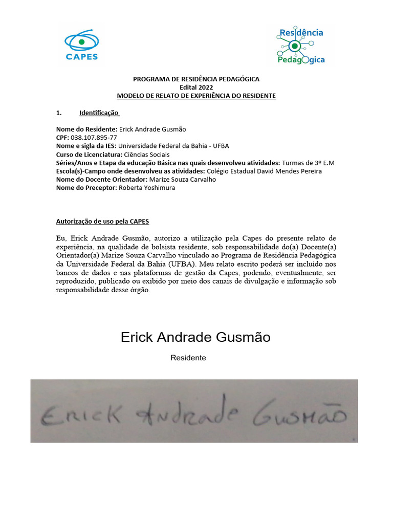 Relatório Final, PRP Sociologia, Erick Andrade | PDF | Sociologia | Pedagogia
