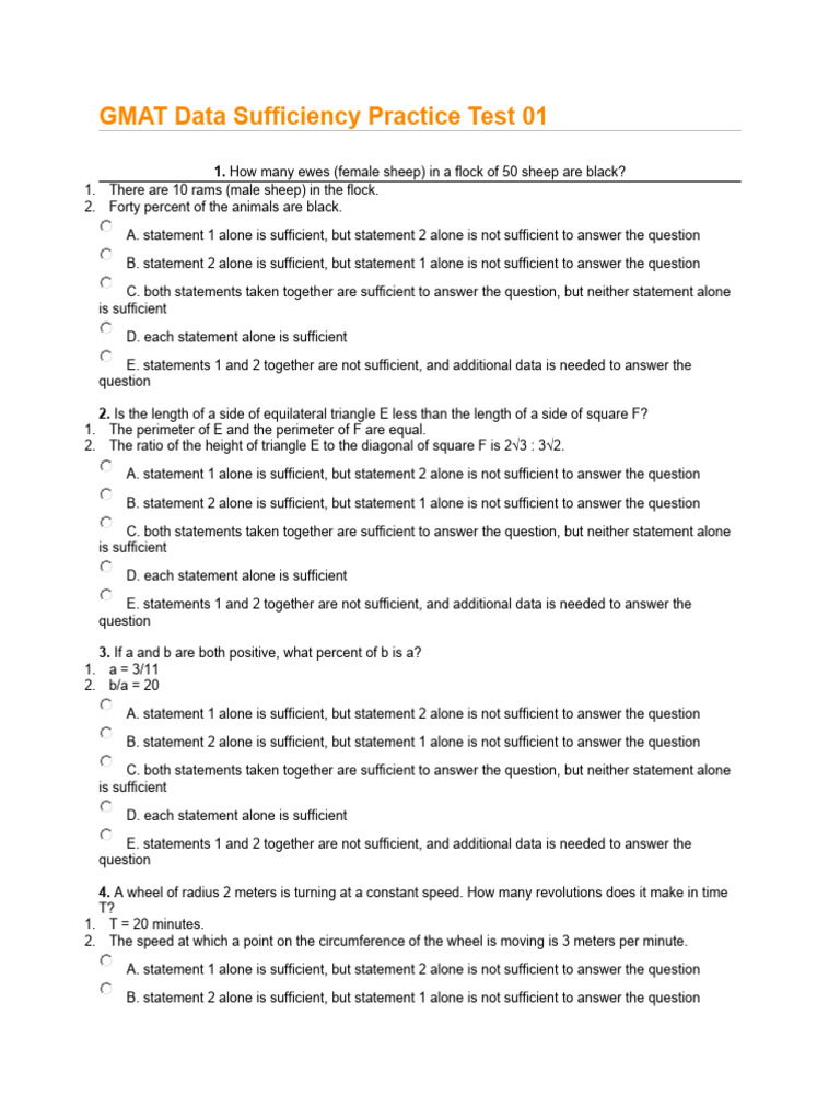 GMAT Data Sufficiency Practice Test 01 | PDF | Sheep | Numbers