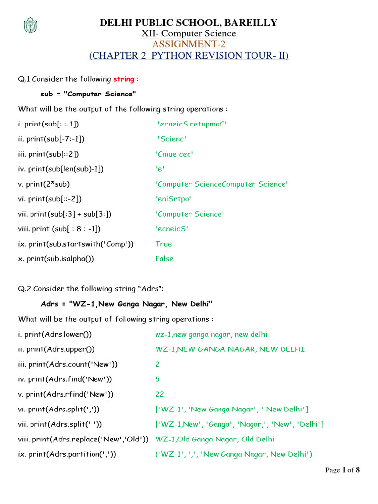 Xii Cs Ch 2 Assignment 2 Soln Pdf Computer Programming String Computer Science