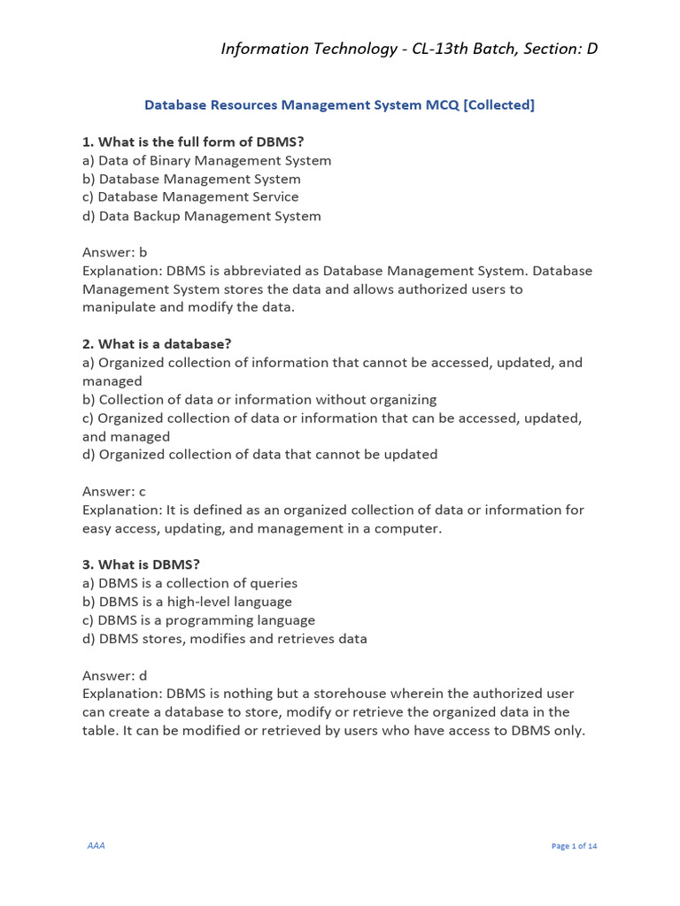 MCQ - Database Resources Management System - 140123 - 230918 - 174058 | PDF | Databases ...