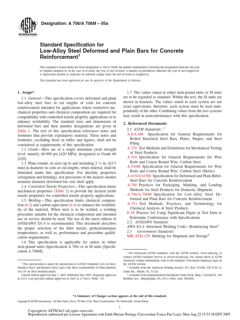 ASTM A706-05 | PDF | Strength Of Materials | Materials