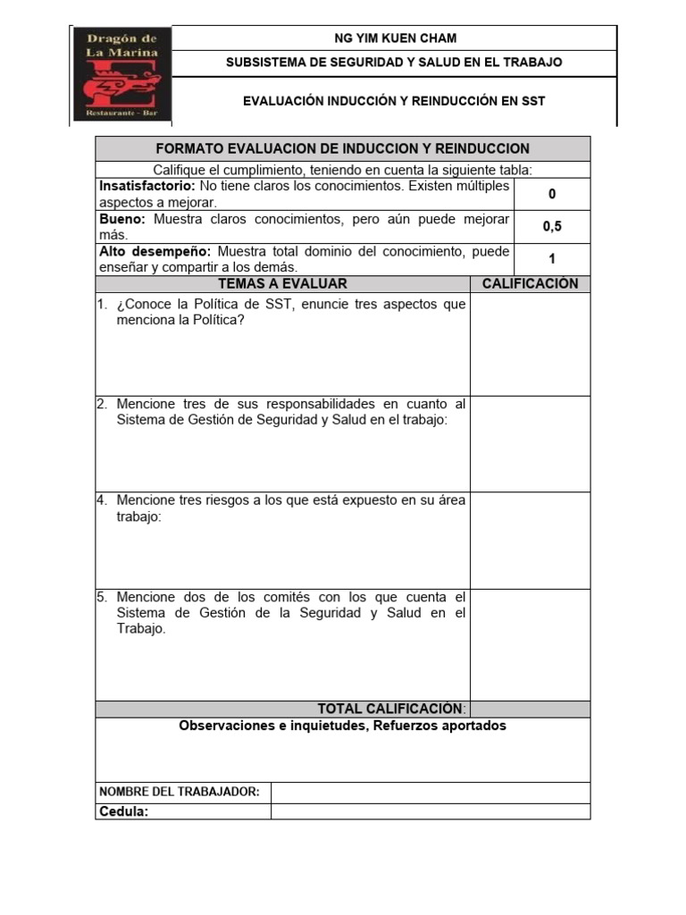 Formato Evaluacion de Induccion y Reinduccion | PDF