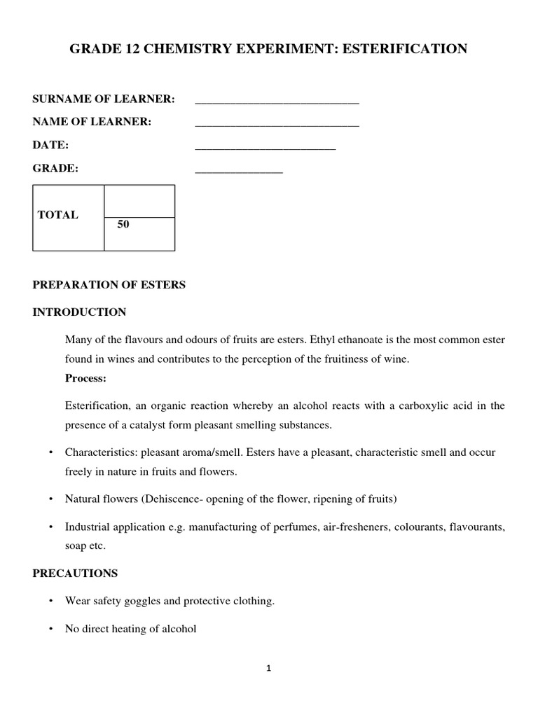 Grade 12 Esterification Experiment Guide | PDF | Ester | Ethanol