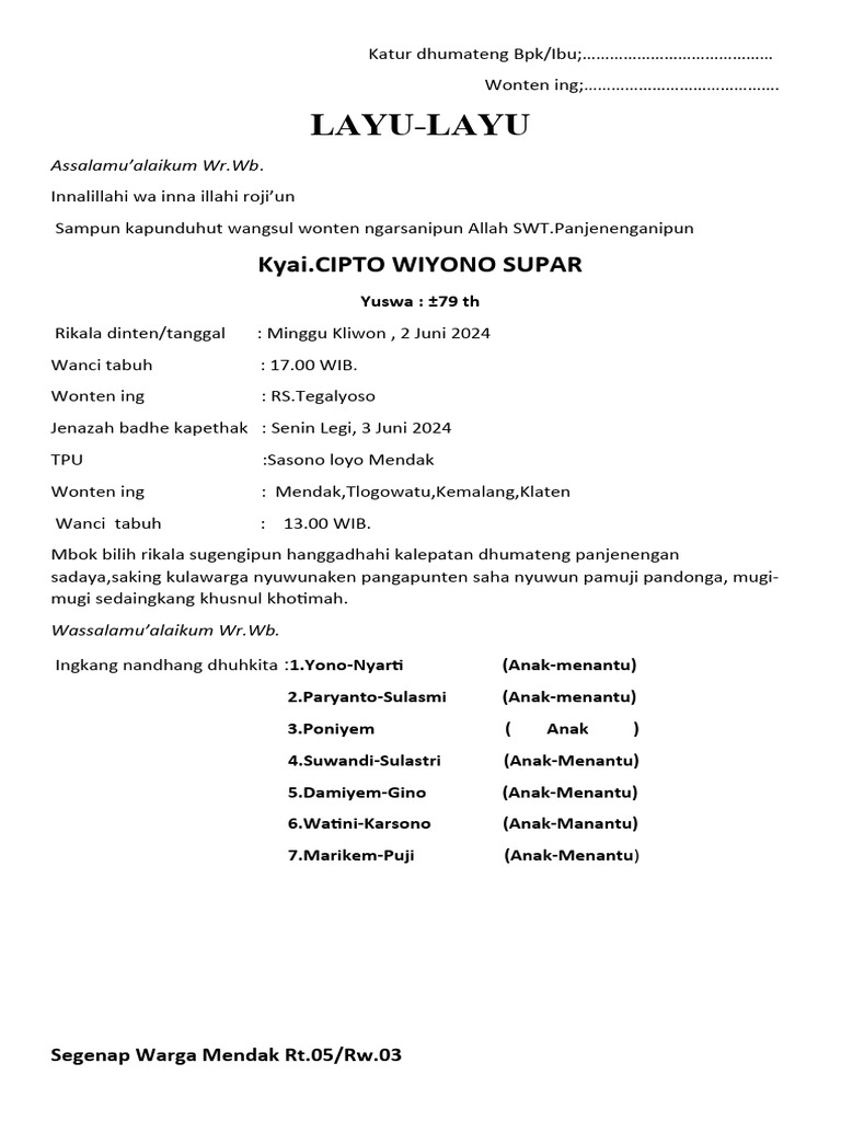 Surat Duka Kyai Cipto Wiyono Supar | PDF