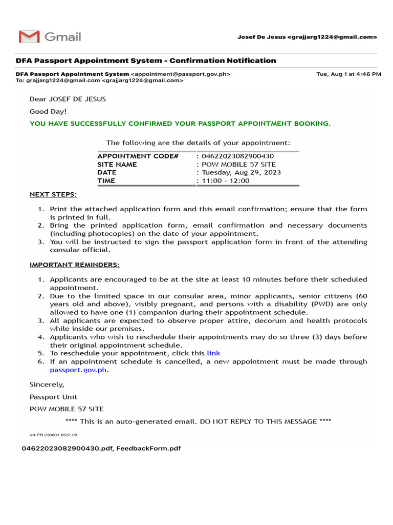 DFA Passport Appointment System - Confirmation Notification | PDF ...