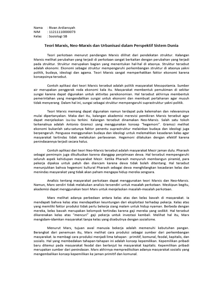Teori Marxis, Neo Marxis Dan Urbanisasi Dalam World System Theory | PDF