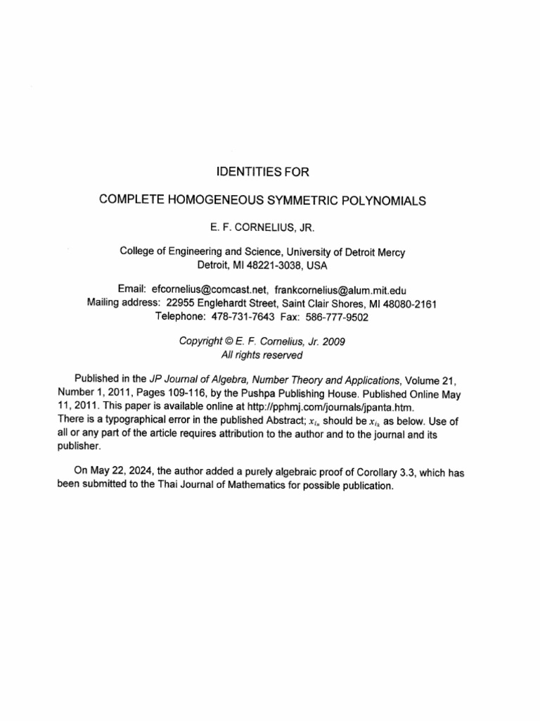 Identities For Complete Homogeneous Symmetric Polynomials Revised 7 12 24 Pdf