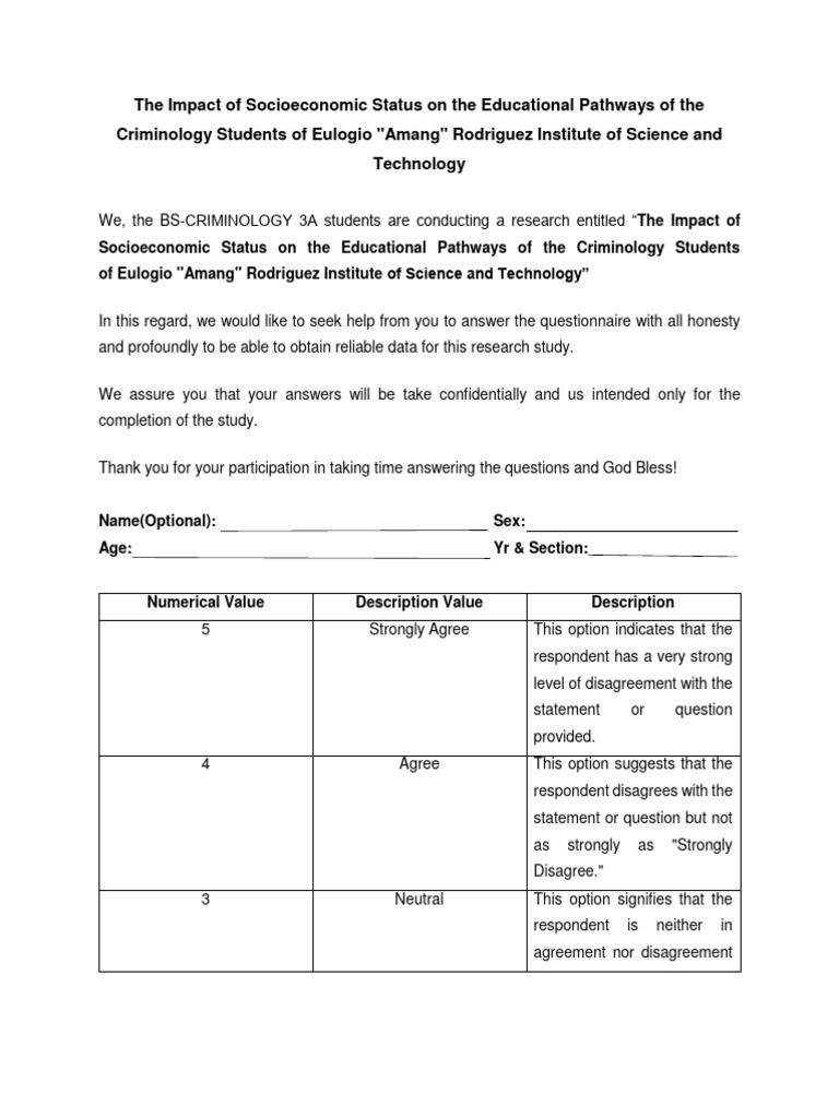 Survey Questionnaire | PDF | Socioeconomic Status | Social Psychology