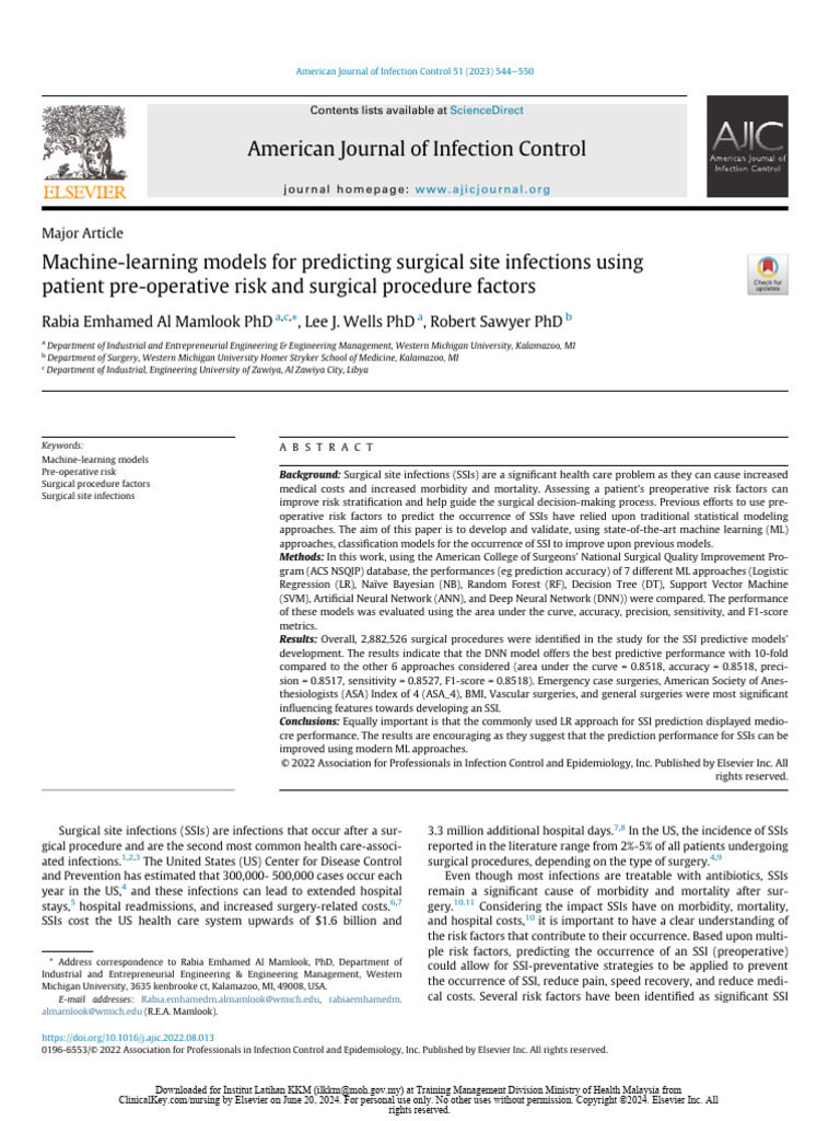 4 Machine-learning models for predicting surgical site infections using patient pre operative ...