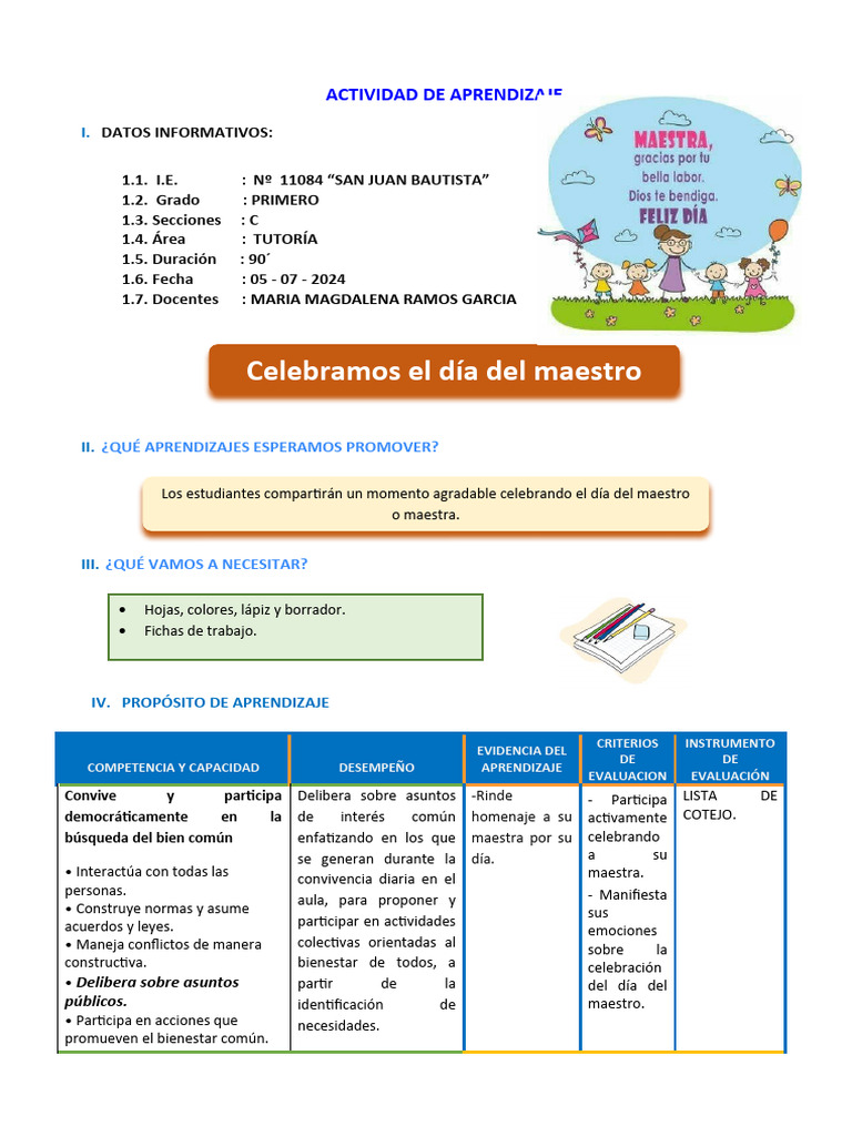 TUT. Celebramos el día del maestro | PDF | Evaluación | Aprendizaje