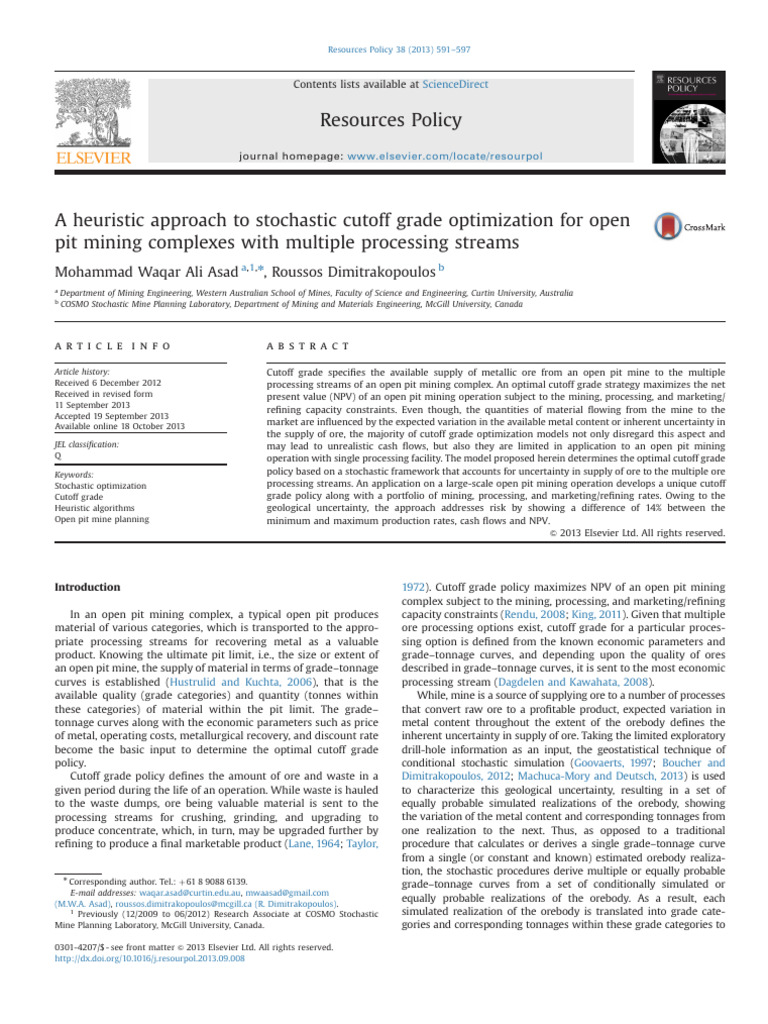 A Heuristic Approach To Stochastic Cutoff Grade Optimization For Open Pdf Mathematical
