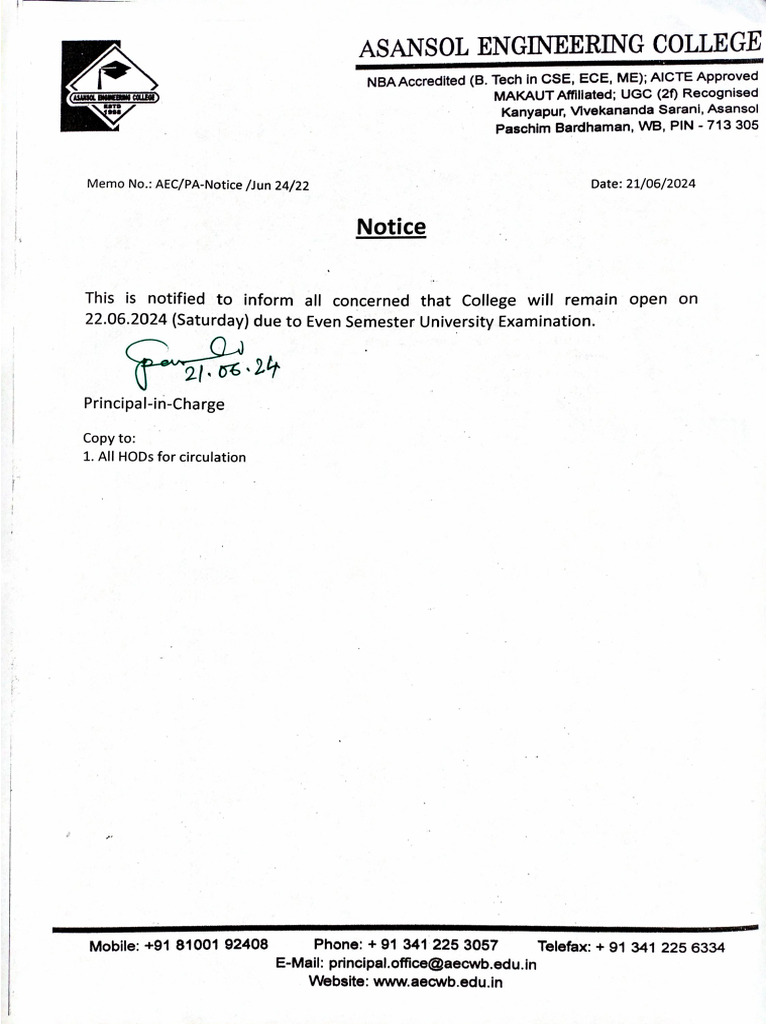 Notice - College Open on 22.06 24 | PDF