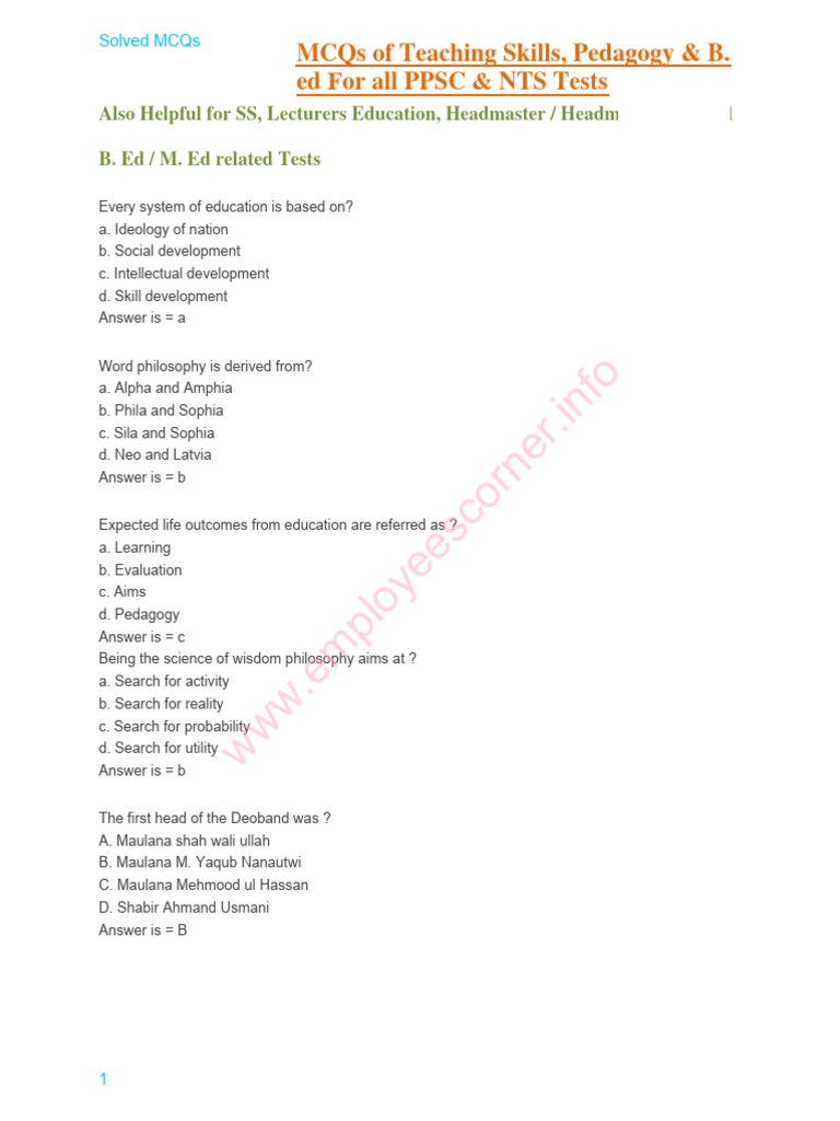 Teaching Skils B.ed MCQs Pedagogy For NTS Test | PDF | Curriculum