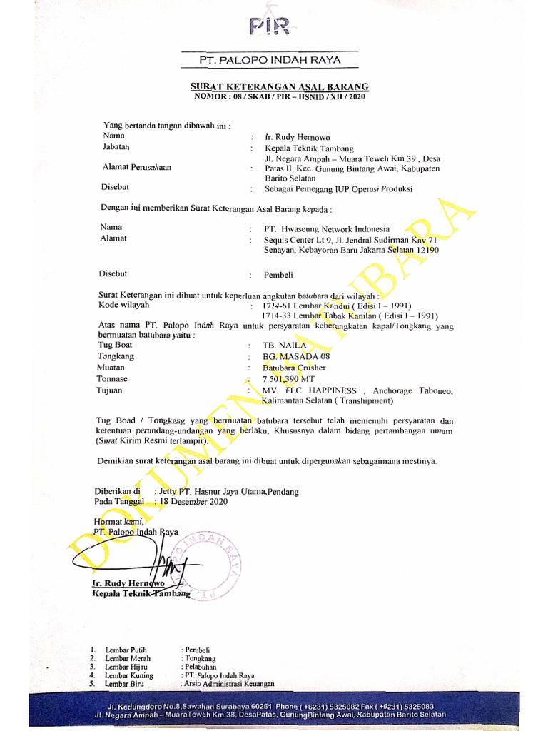 2020.12.18_Surat Keterangan Asal Barang_Dokumen Batubara_PT.PIR | PDF