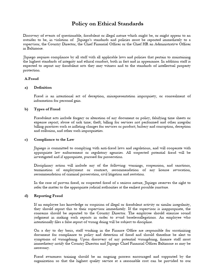 Jhpiego Ethical Standards Policy | PDF | Fraud | Internal Control