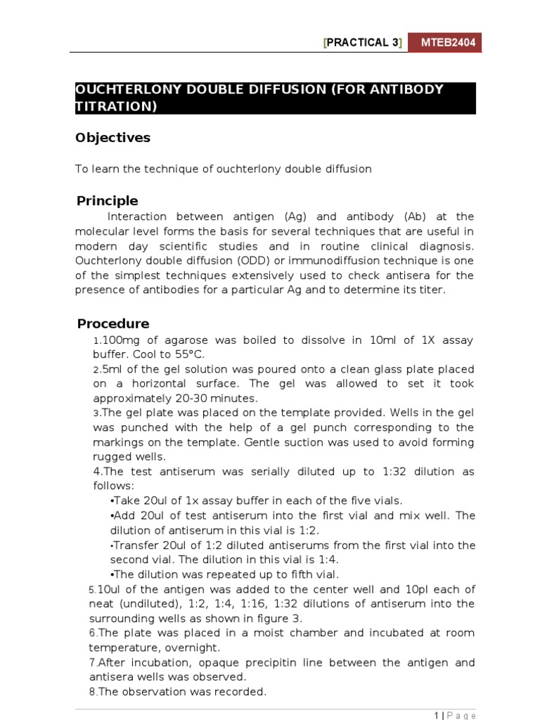 Ouchterlony Double Diffusion Technique | PDF | Biochemistry | Chemistry