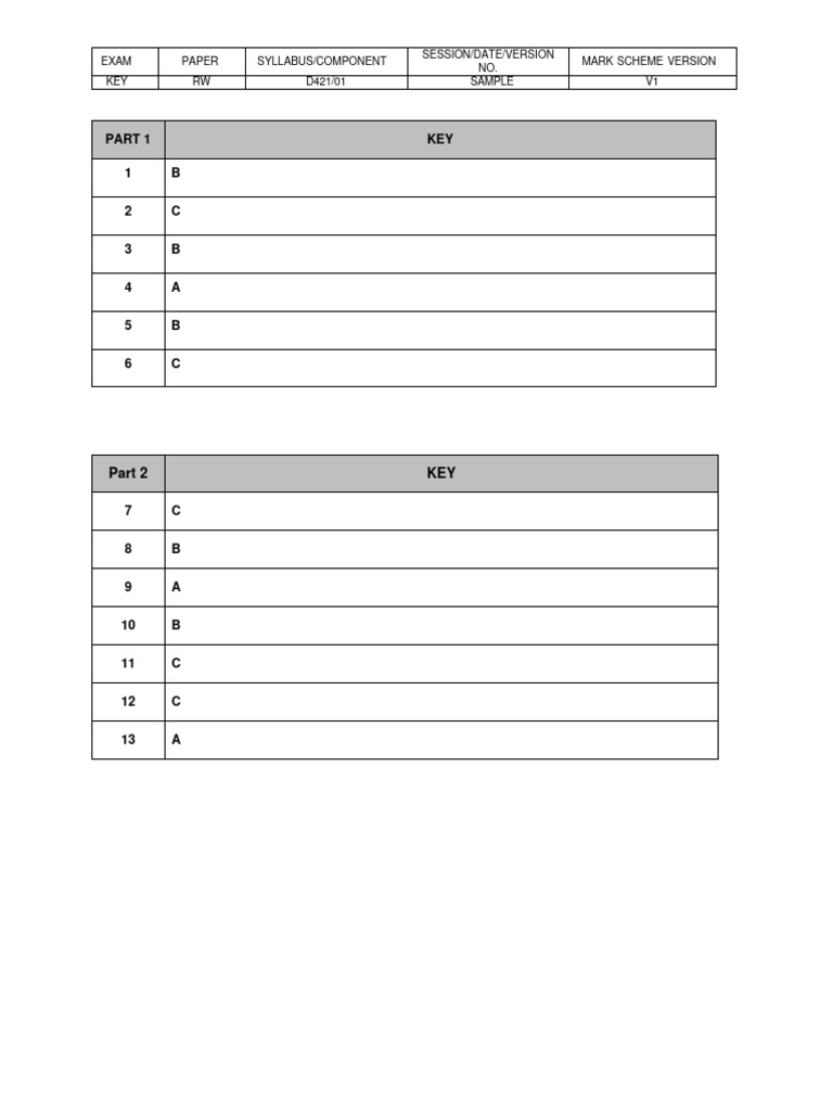 A2 Key 2020 Sample Tests Reading and Writing - Answer Key | PDF ...