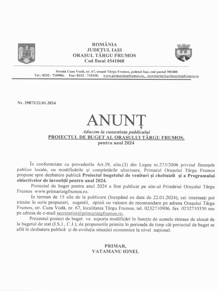 Anunt Proiect BUGETUL LOCAL VENITURI SI CHELTUIELI 2024 Si Proiect ...
