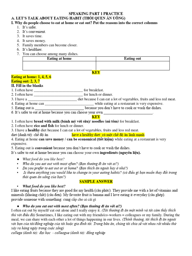 SPEAKING 2 (PART 1) PRACTICE WITH KEYS | PDF
