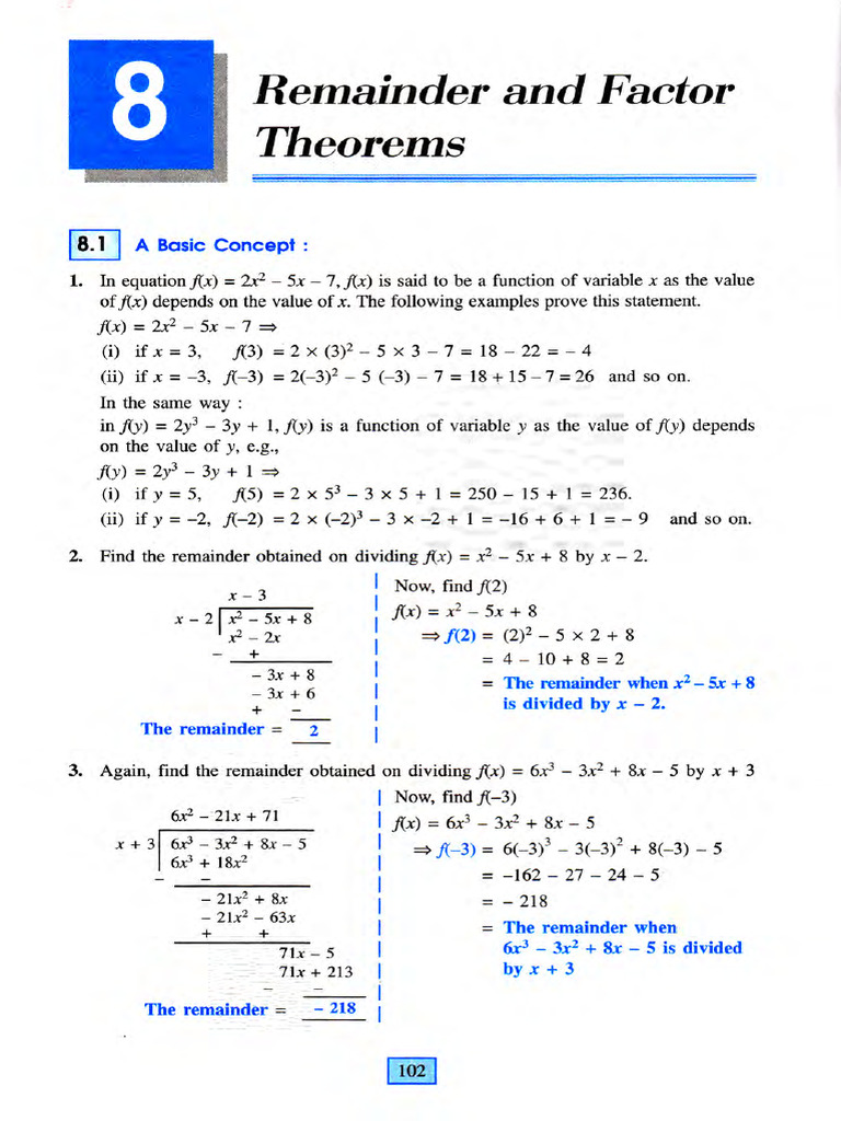 Chapter-08 - Remainder and Factor Theorems | PDF