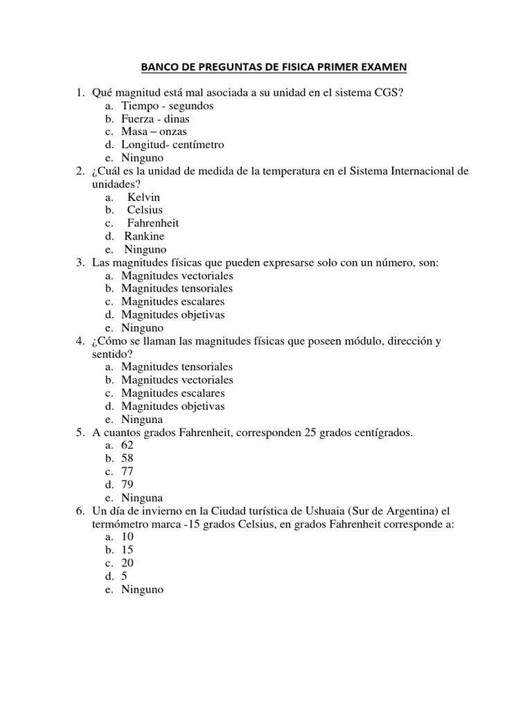 Banco Preguntas de Fisica CUP (1°. Parcial) | PDF | Las leyes del movimiento de Newton | Fuerza
