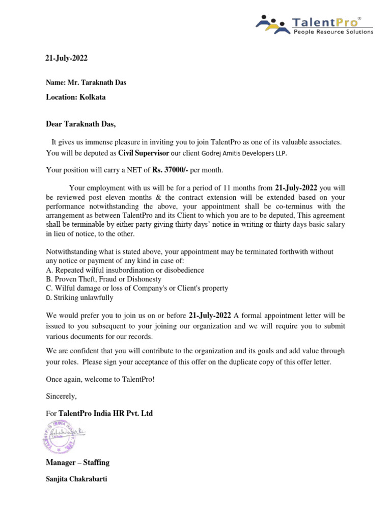 Offer Letter - Taraknath Das | PDF | Private Law | Payments