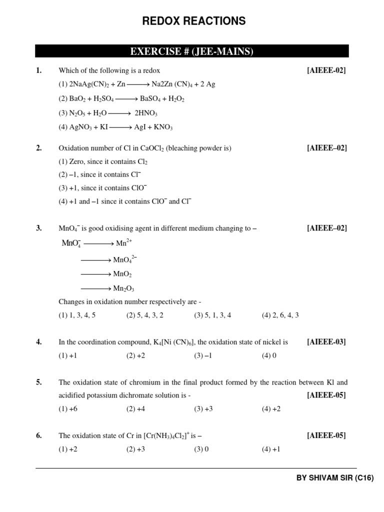 c16 Worksheet REDOX REACTIONS | PDF | Redox | Sodium Hydroxide