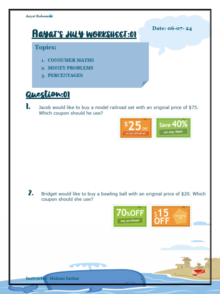 Consumer Math Worksheet for July | PDF