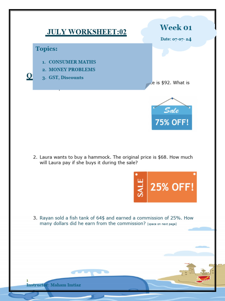 Consumer Maths, GST, Duscounts Worksheets For Grade 7th | PDF