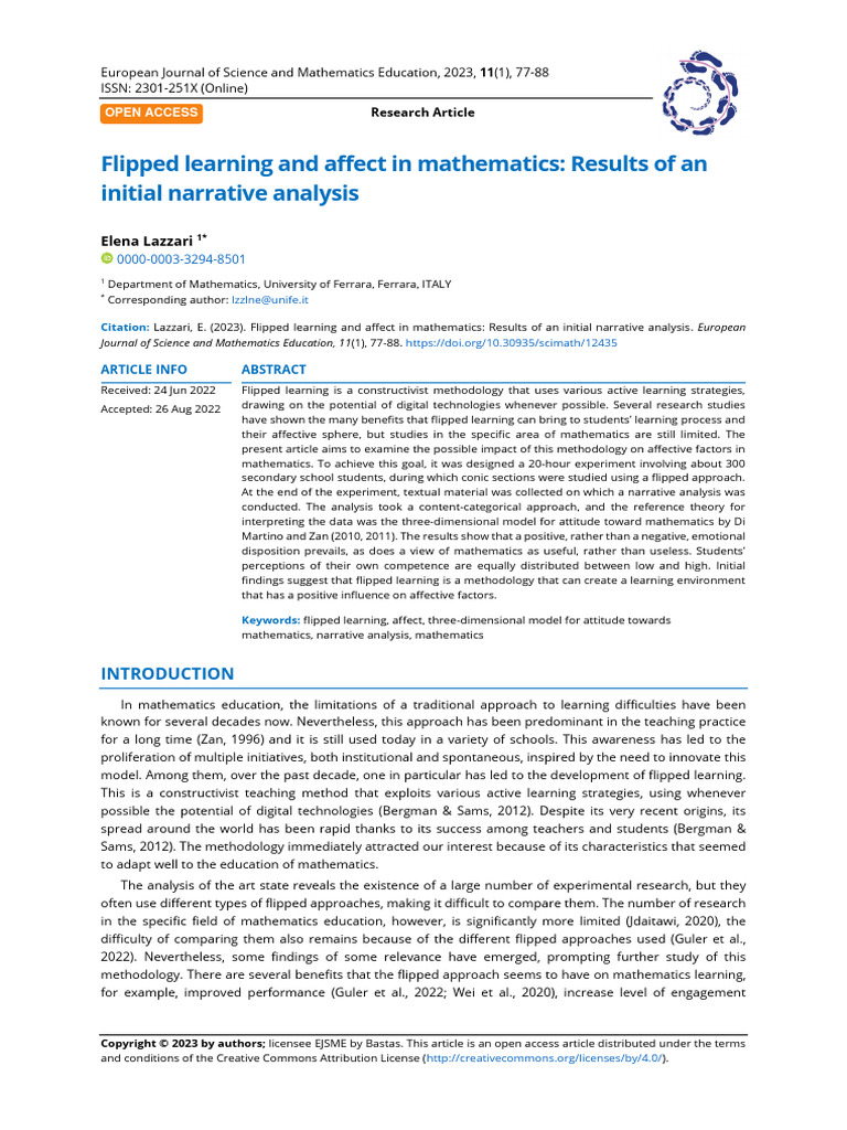 Flipped Learning and Affect in Mathematics Results of An Initial Narrative Analysis 12435 | PDF ...