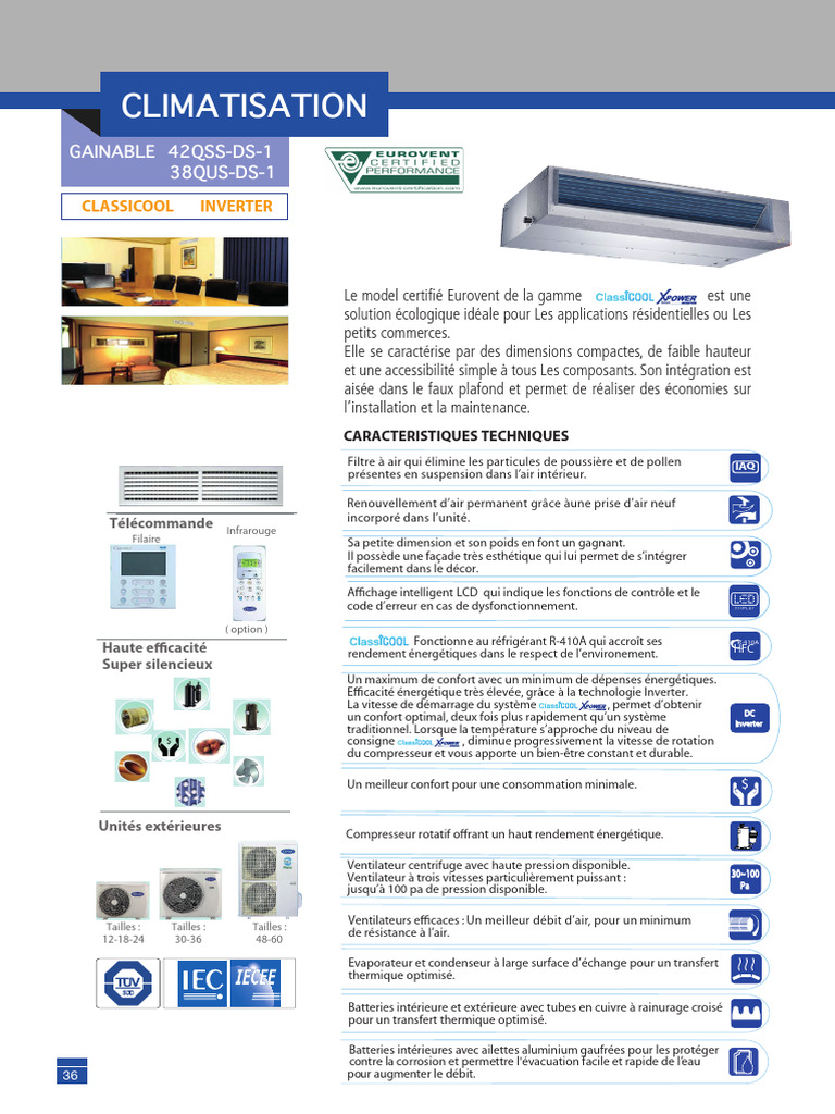 Climatiseur Gainable Inverter Carrier | PDF | Climatisation | Technologie énergétique